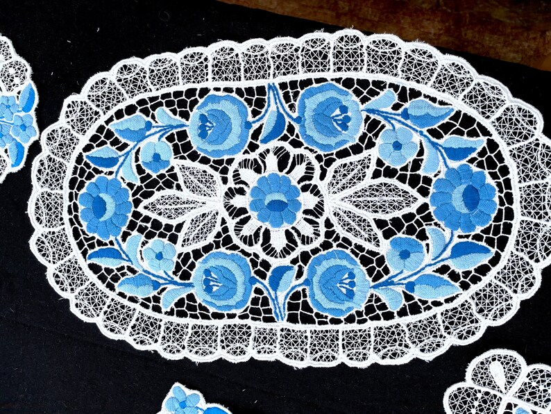 Hand Embroidered Hungarian Lace Doilies: Blue Floral Kalocsa Decor - Etsy