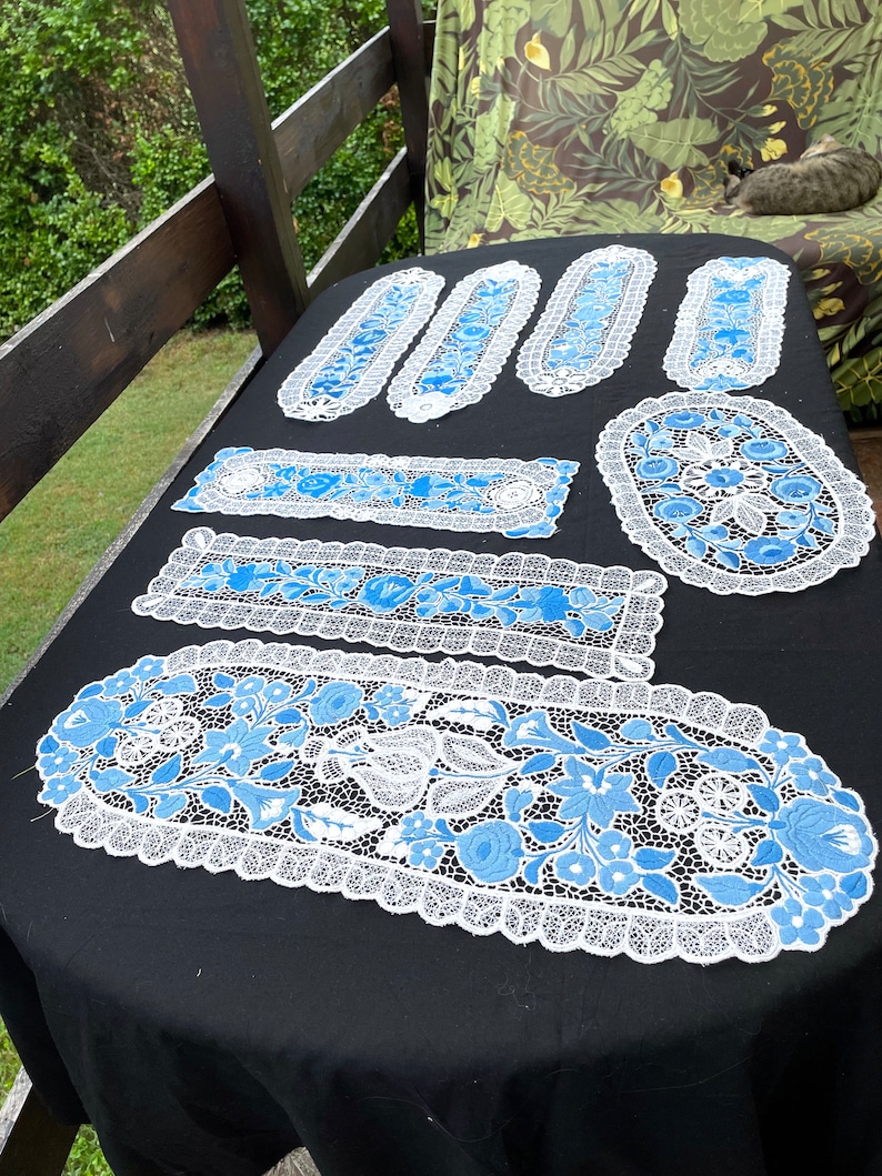 Hand Embroidered Hungarian Lace Doilies: Blue Floral Kalocsa Decor - Etsy