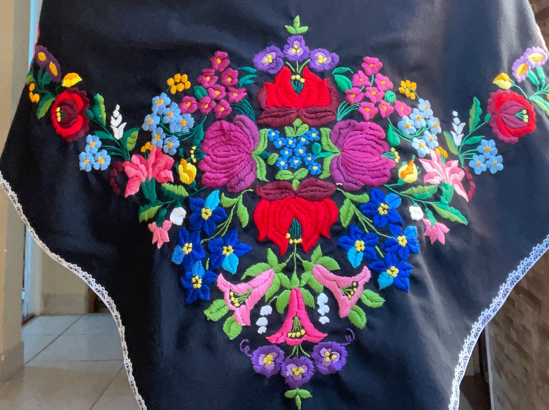 Black Handmade Traditional Hungarian Embroidered Shawl With Floral ...