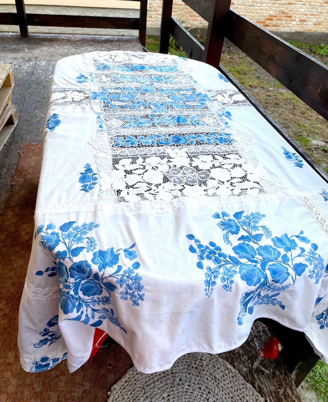 Blue and White HUNGARIAN EMBROIDERY Floral Folk Tablecloth Huge ...