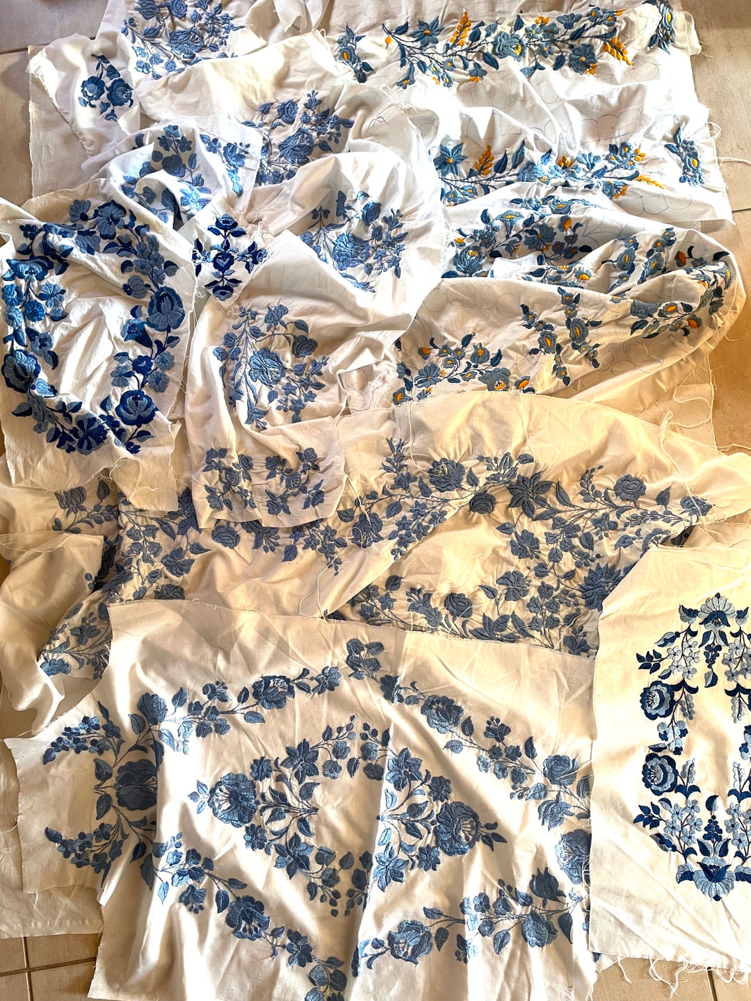 Blue Handmade Embroidery. Multiple Pieces of Hungarian Floral Pattern ...