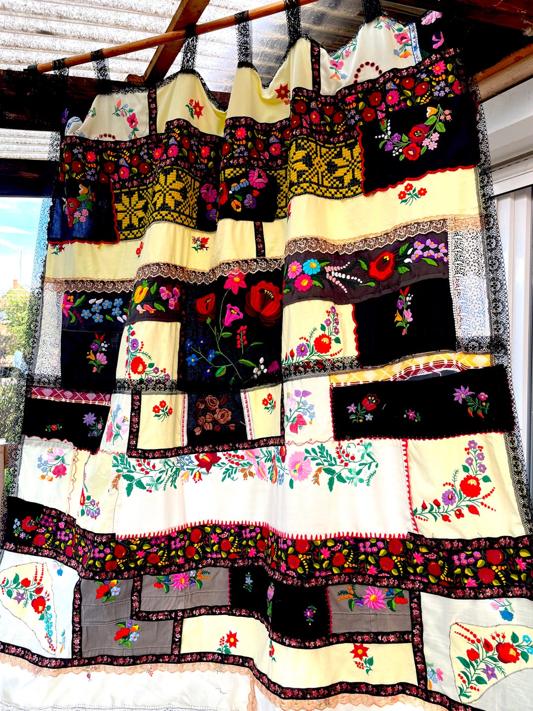Vintage Hungarian Kalocsa Embroidery Curtain: Floral Farmhouse Decor - Etsy