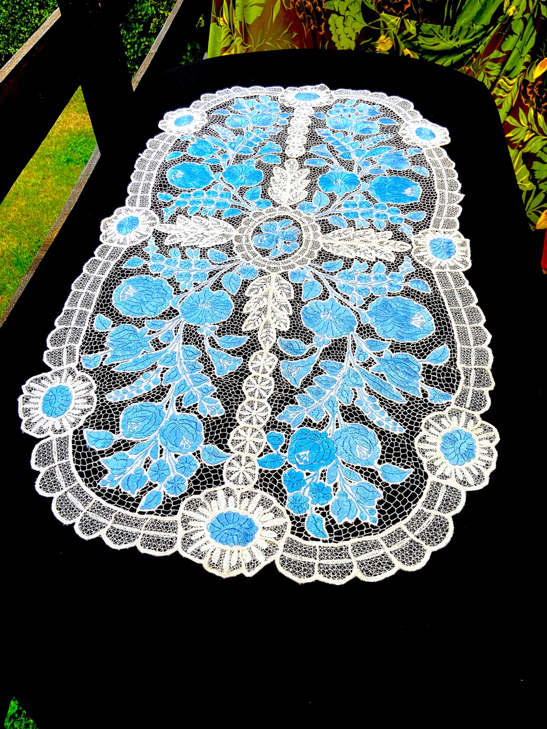 Blue and White HUNGARIAN EMBROIDERY Floral Folk Tablecloth Handmade ...