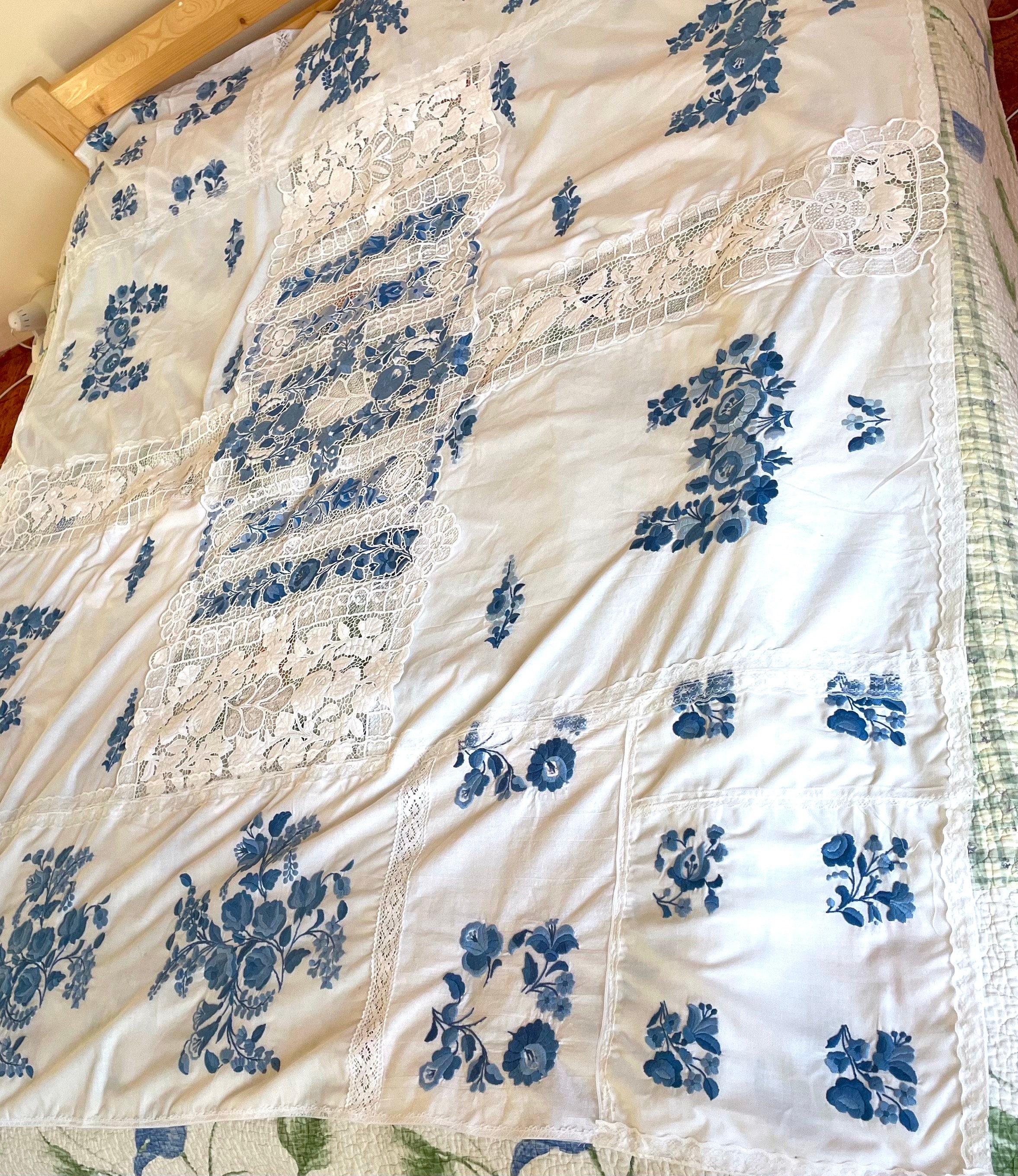 Blue and White HUNGARIAN EMBROIDERY Floral Folk Tablecloth Huge ...