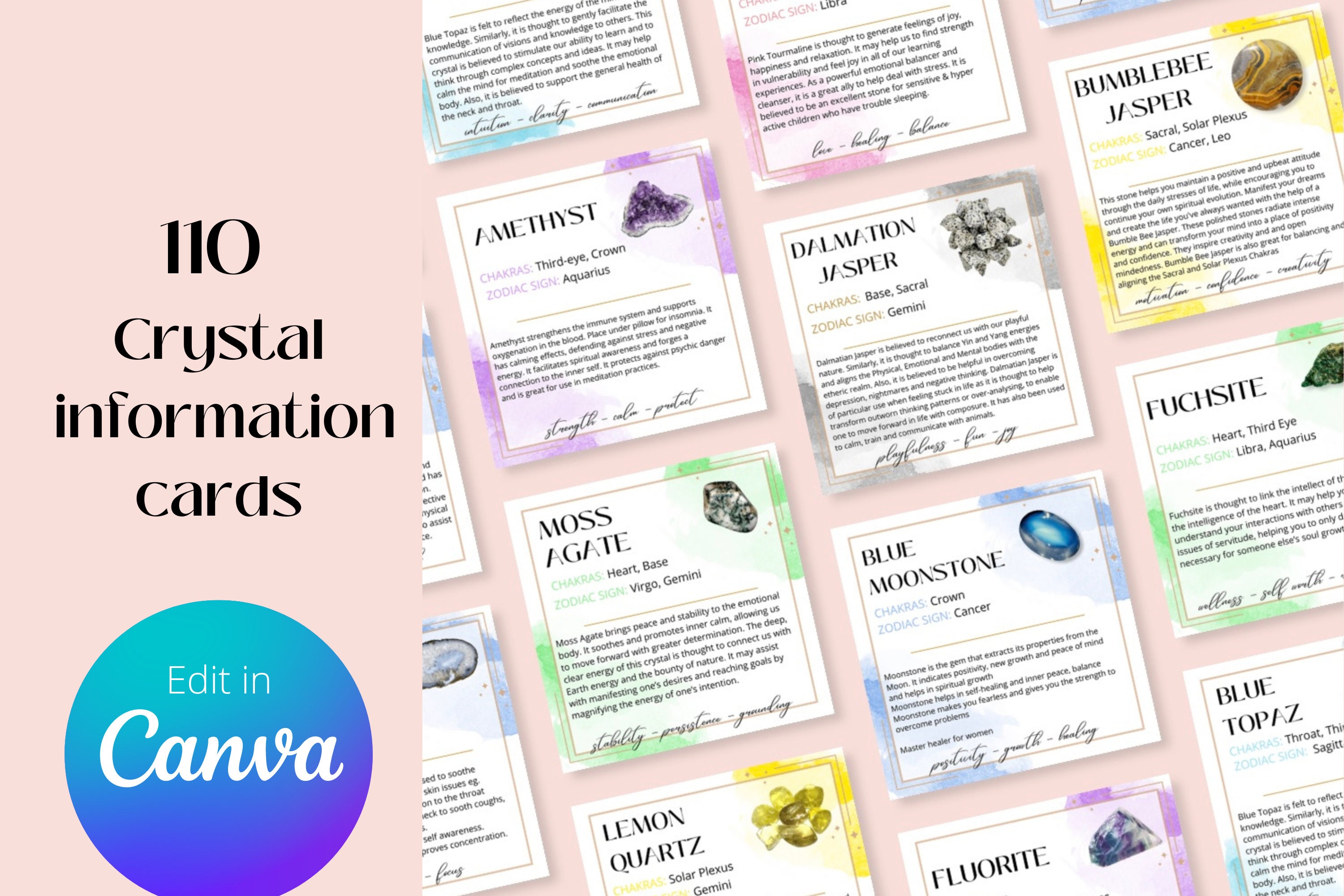 110 Editable Crystal Information Cards, Gemstone Cards, Crystal Card ...