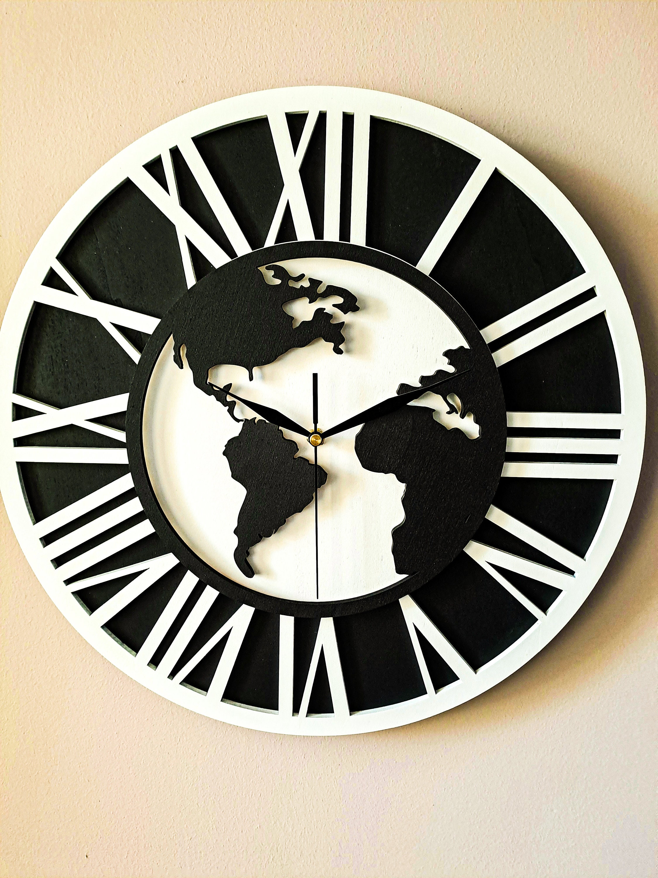MODERN WALL CLOCK, Map of World, Wooden Clock for Bedroom, Living Room ...