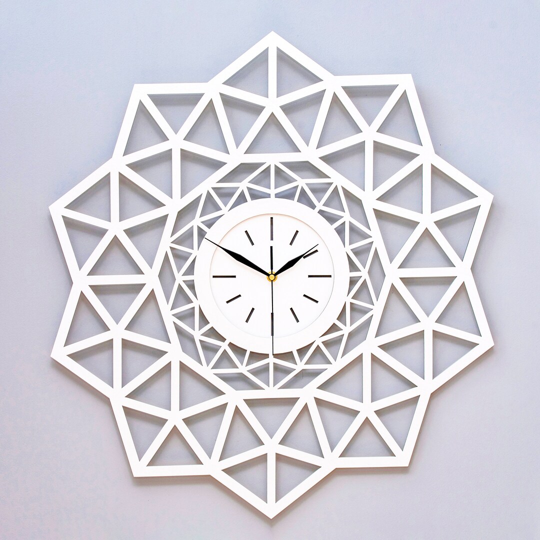 MODERN, Geometric Wall Clock, White, for Bedroom, Living Room,wooden ...
