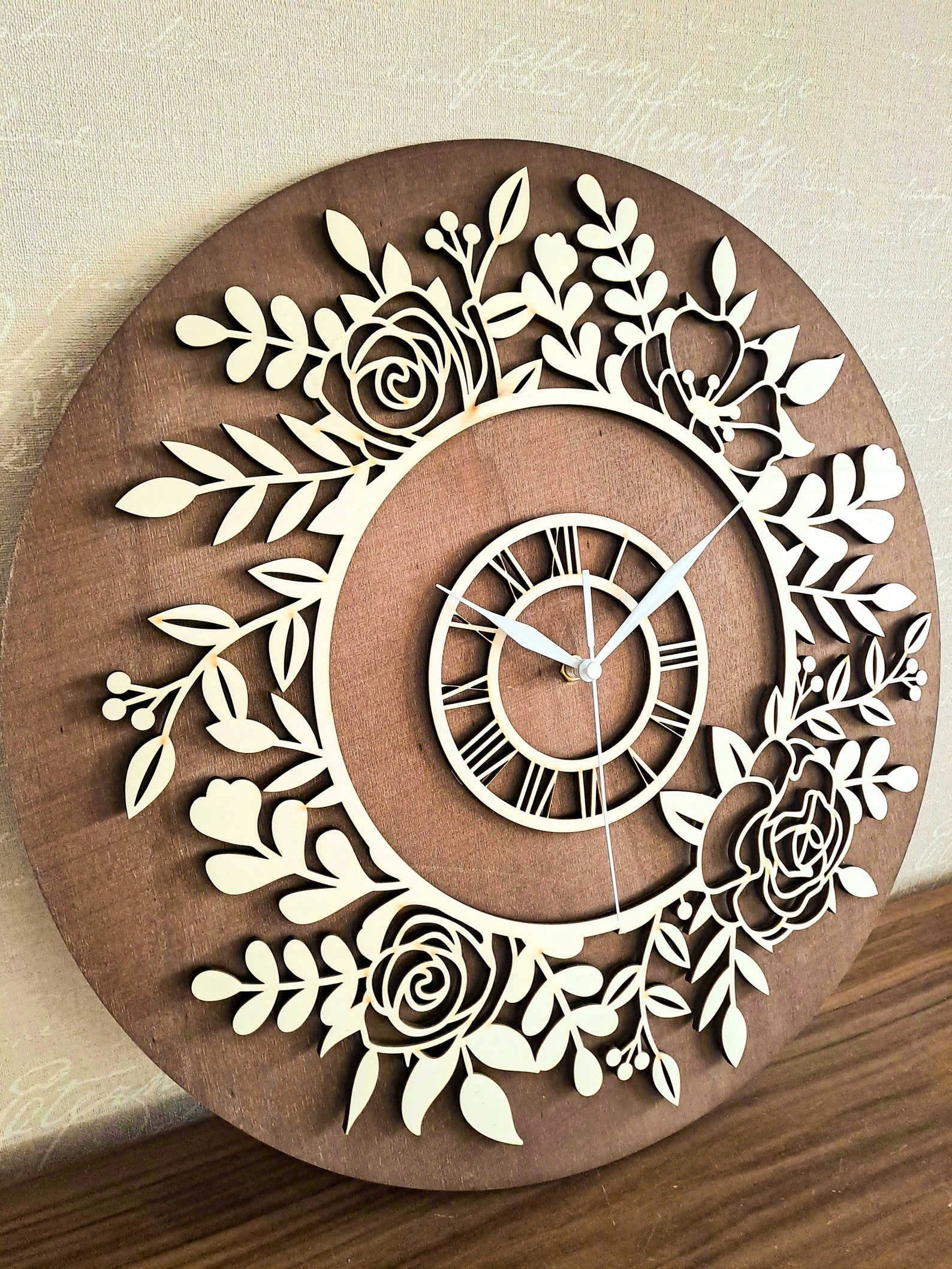 Wooden WALL CLOCK, Flowers, Floral Wall Art, French Vintage Chic, Retro ...