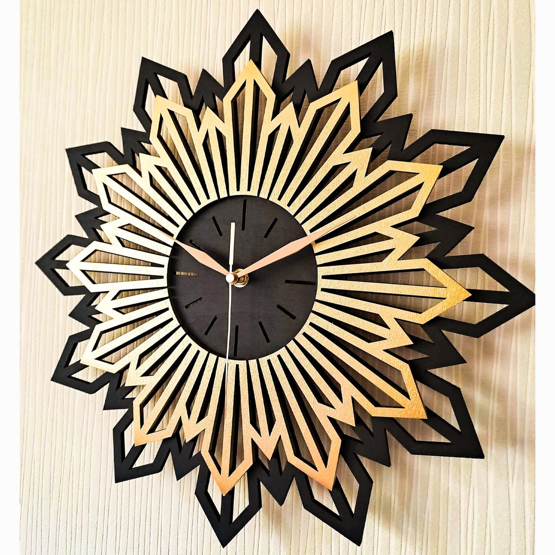 Wall Clock BOHO, SUNBURST, Mid Century Modern, Wooden Clock for Bedroom ...