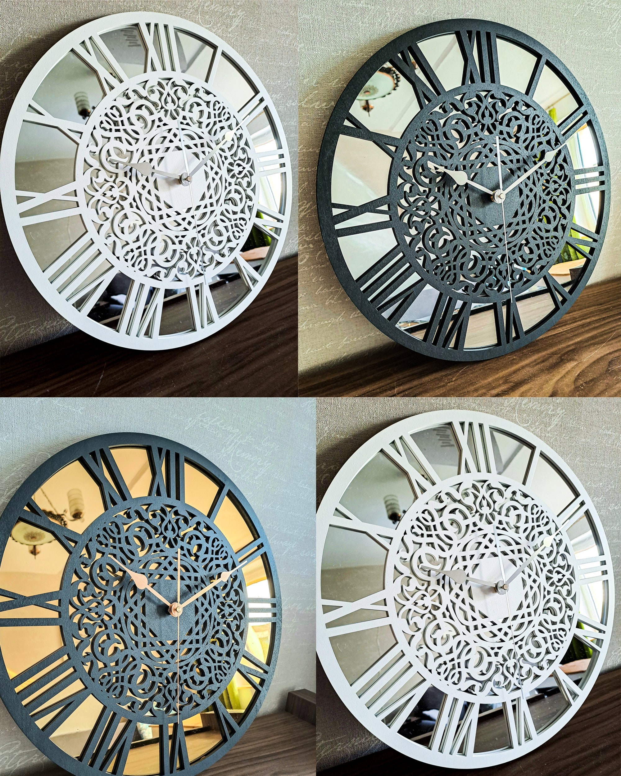 MIRRORED Silver Wall Clock, Glamour Chic,roman Numerals, Moroccan Ornament, Wooden Wall Clock ...