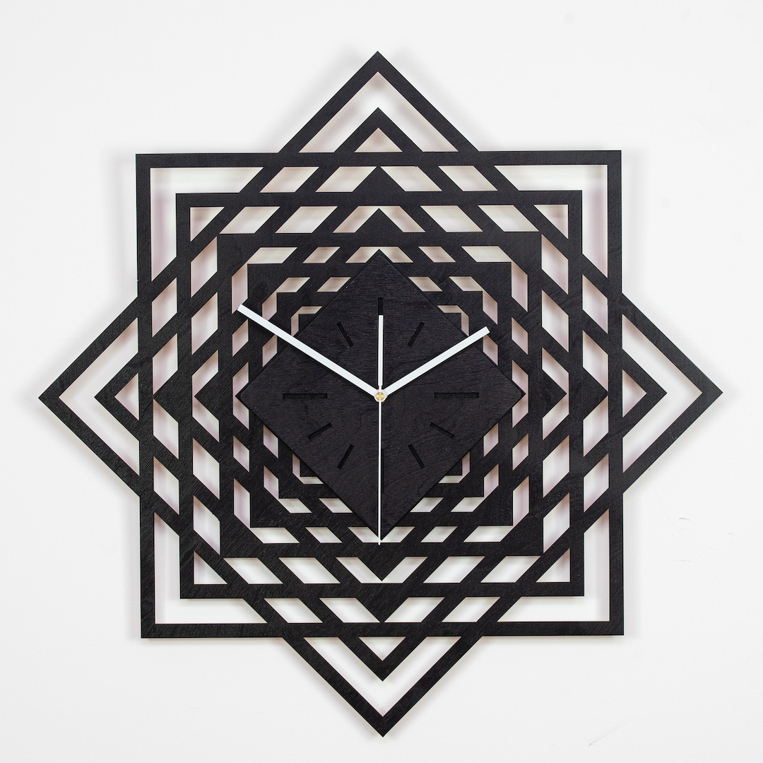 MODERN, Wooden, Geometric Wall Clock, Black, for Bedroom, Living Room ...