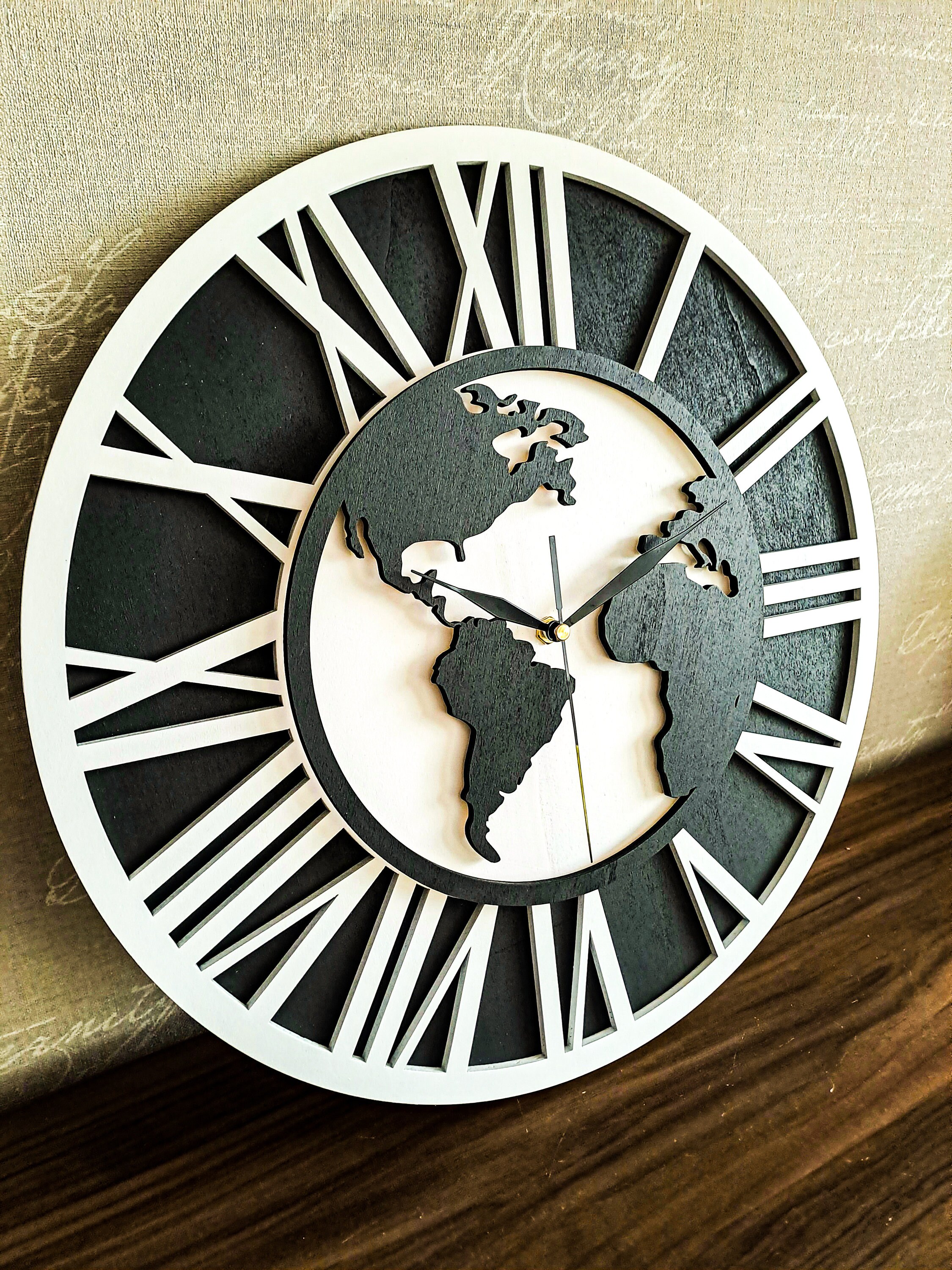 MODERN WALL CLOCK, Map of World, Wooden Clock for Bedroom, Living Room ...