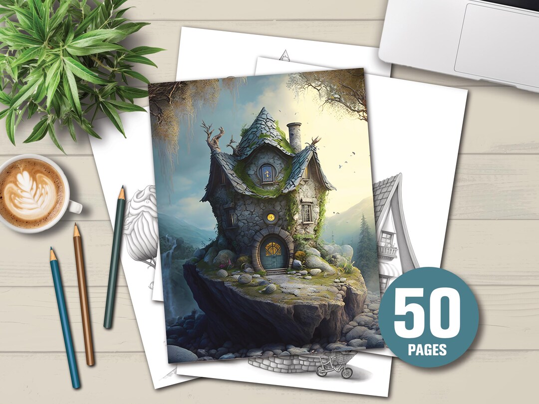 50 Stone Fairy Houses Coloring Page | Light and Dark PDF | Coloring ...