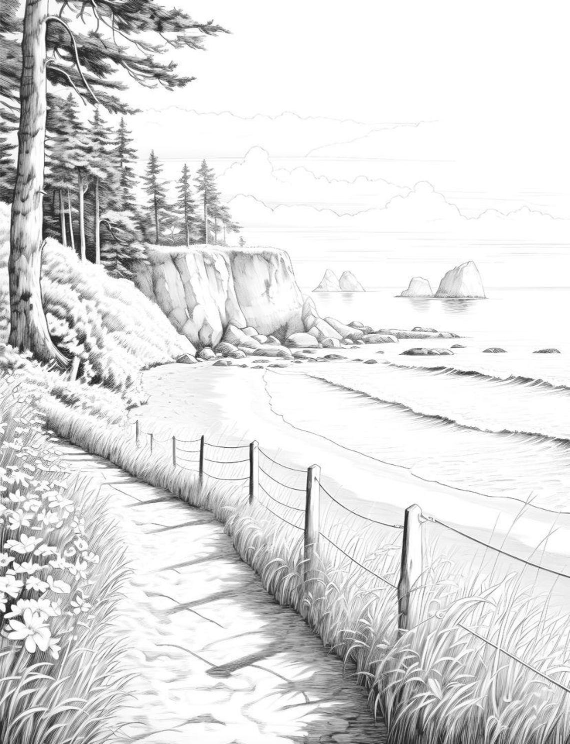 50 Landscapes Coloring Pages | Instant Digital Download | Light and ...