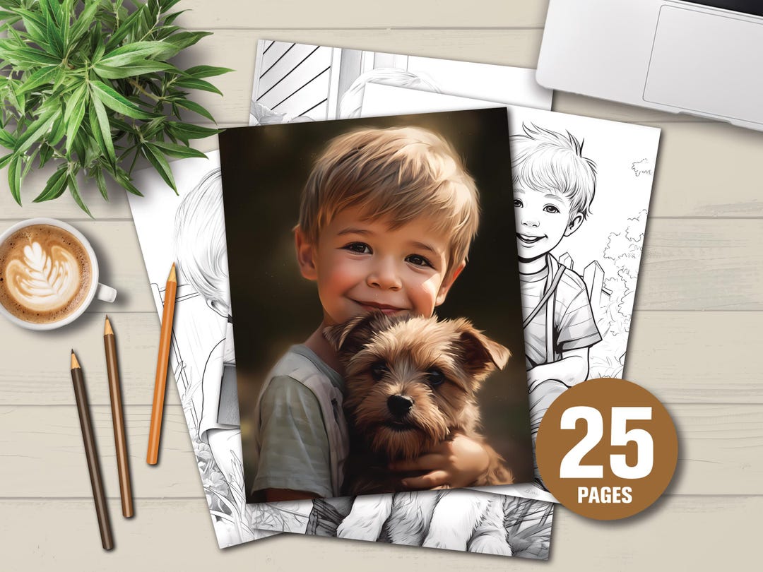 Boy and Dog Coloring Pages | Relaxing Art, Kids & Adults (PDF Files) - Etsy