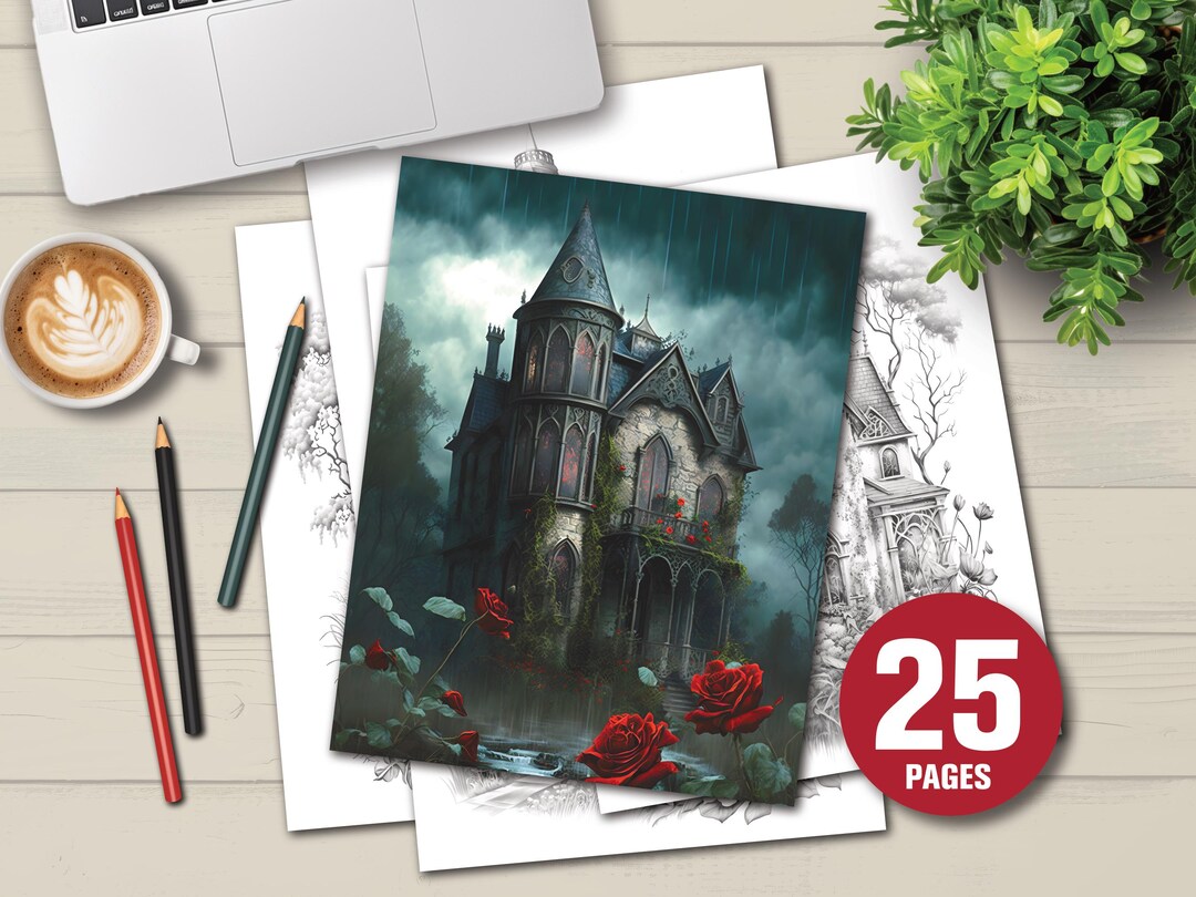 25 Gothic Houses Coloring Page | Grayscale & Full Color Inspiration ...