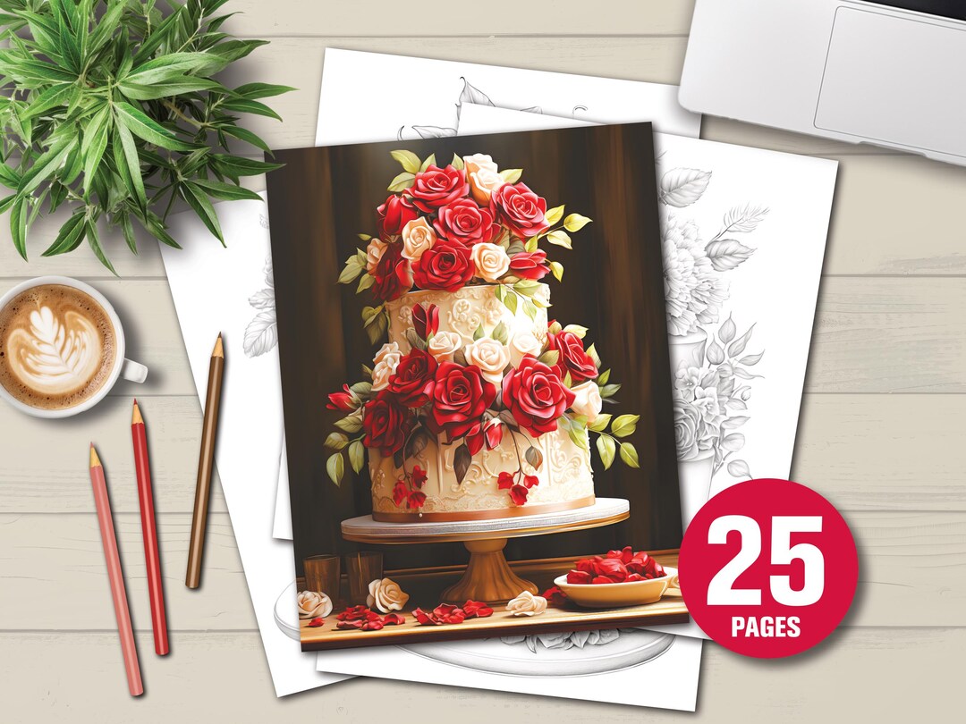 Floral Wedding Cake Coloring Book | 25 Relaxing Designs (digital ...