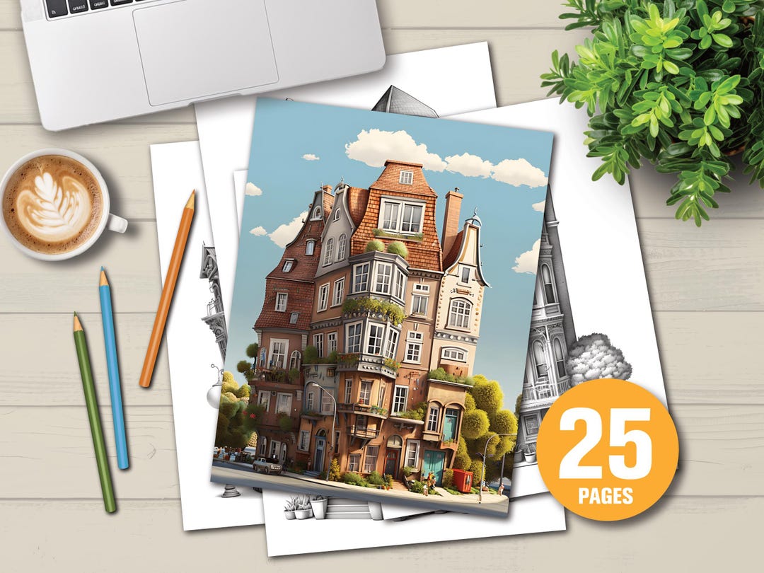 25 Tiny House Townhouse Coloring Book | Light and Dark Version PDF File ...