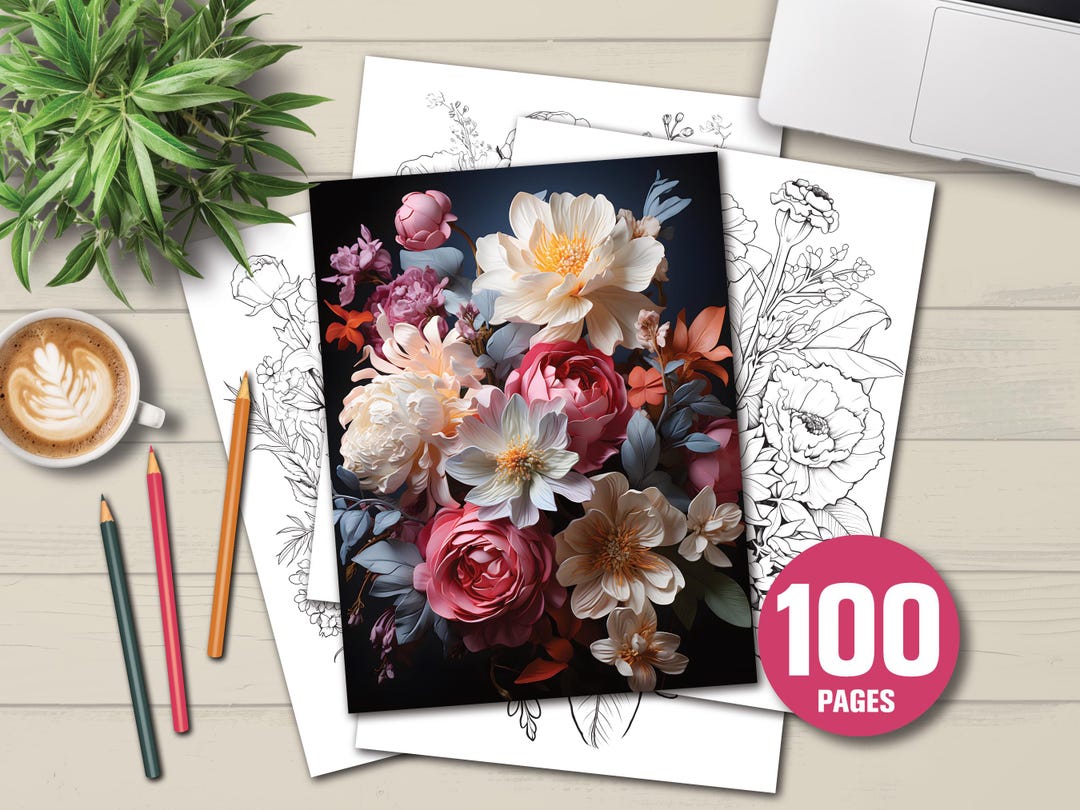 100 Flower Coloring Books | Instant Digital Download Files | Adults and ...