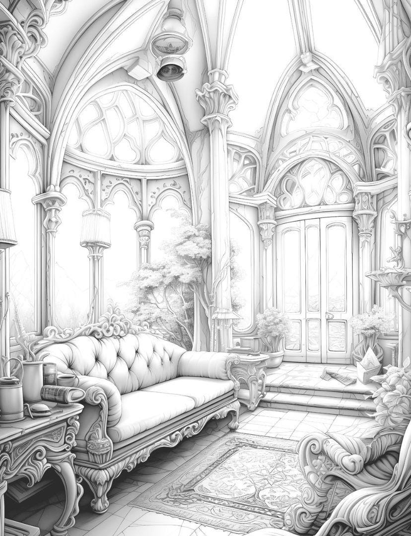50 Fantasy Interiors Coloring Pages | Instant Digital Download | Light ...