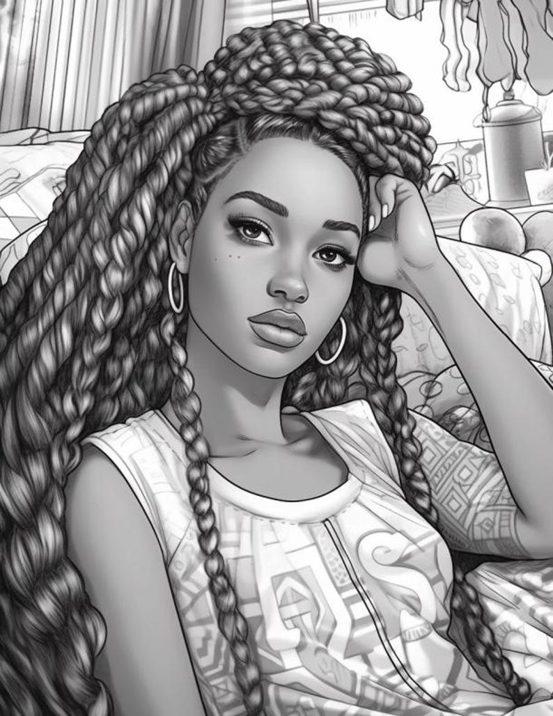 African Black Woman Coloring Pages | Grayscale Portrait Art (digital ...