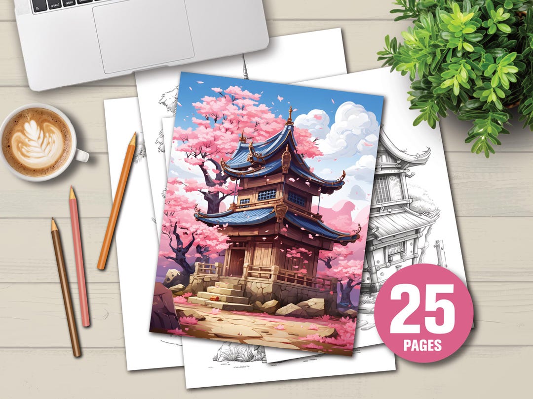 Japanese Houses Coloring Pages | Light & Dark Version (digital Download ...