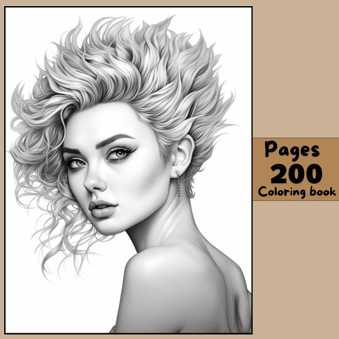 Set of 200 Pages | Woman Hair Style Fashion Coloring Sheets | Printable ...