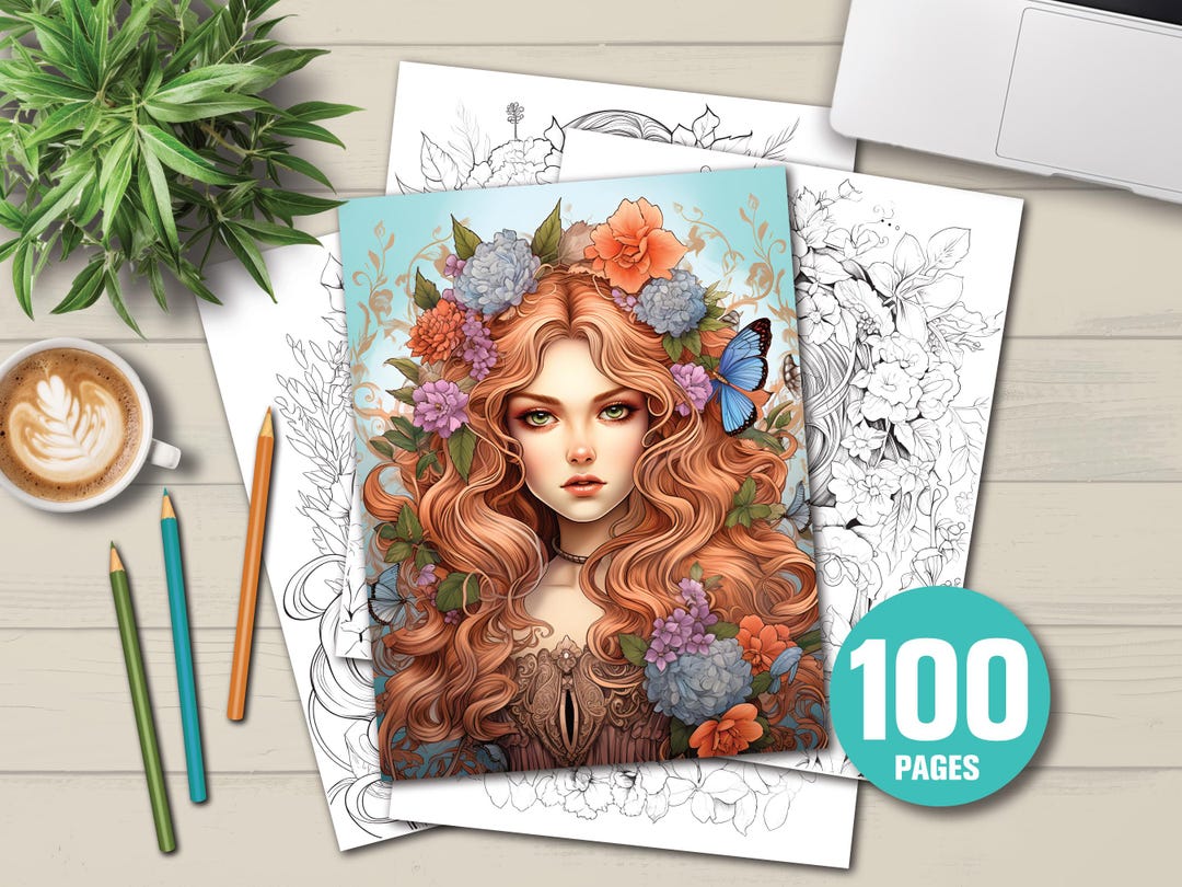 Flower Princess Coloring Book | 100 Grayscale Pages (digital Download ...