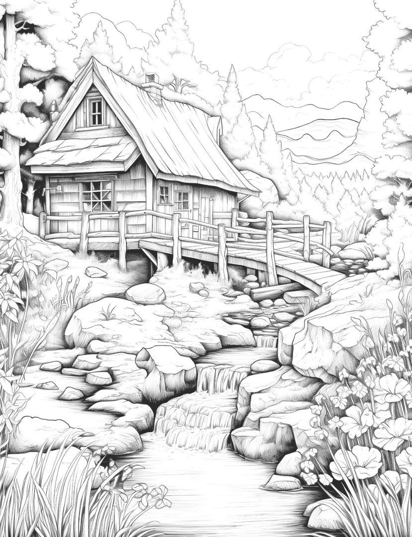 50 Cozy Cabins Coloring Pages | Relaxing Nature Scenes (PDF Files) - Etsy