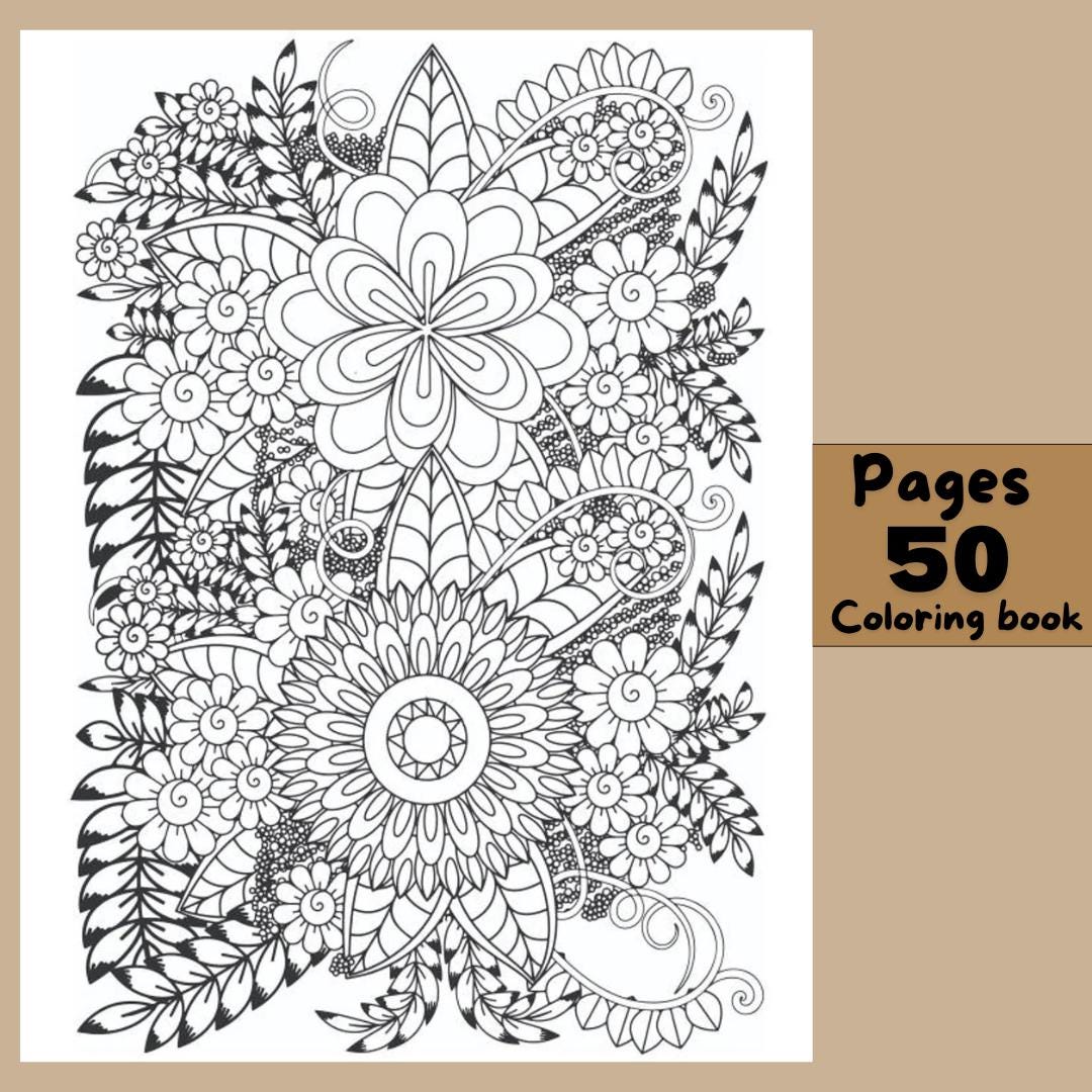 Set of 50 Flowers Zentangle Coloring Book | Flower Printables | Enhance ...
