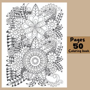 Set of 50 Flowers Zentangle Coloring Book | Flower Printables | Enhance ...