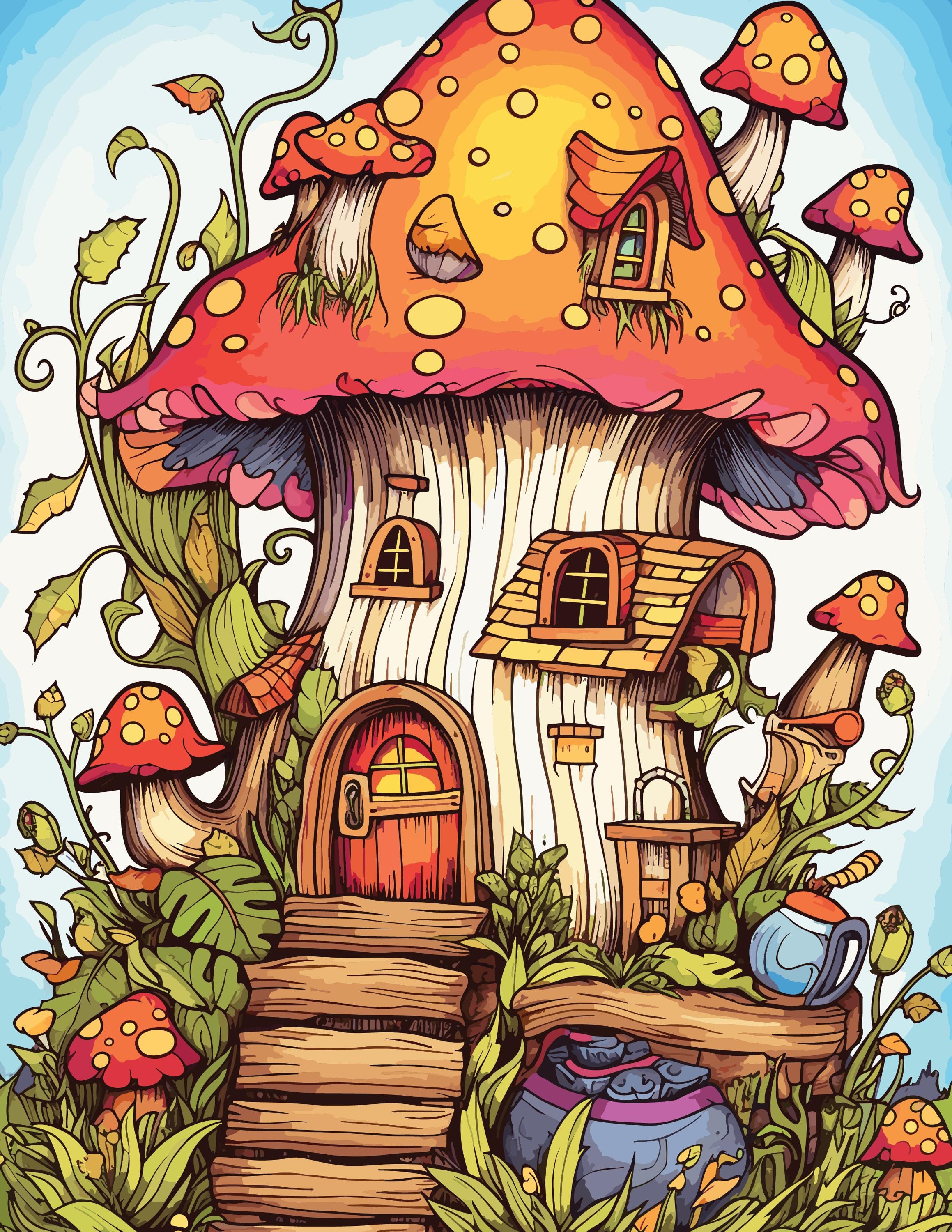 Mushroom Houses Coloring Book | 112 Grayscale Pages (printable PDF) - Etsy
