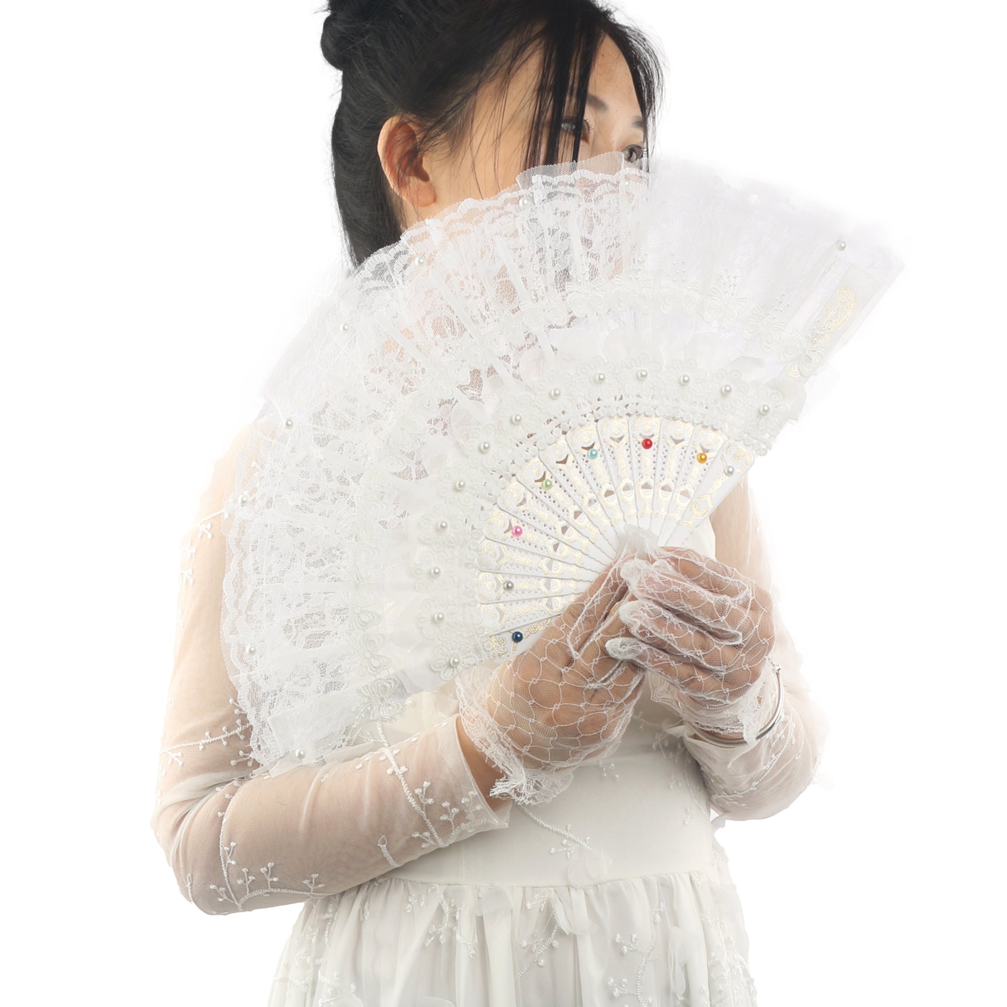 White Pearl Lace Bridal Hand Fan: Bejeweled Wedding Accessory - Etsy