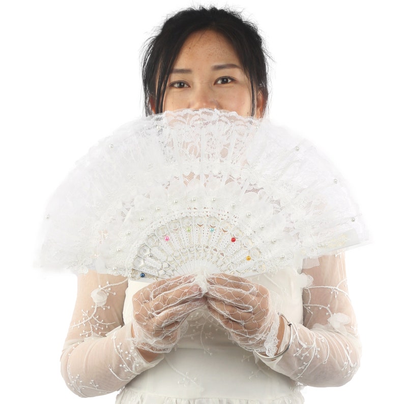 White Pearl Lace Bridal Hand Fan: Bejeweled Wedding Accessory - Etsy