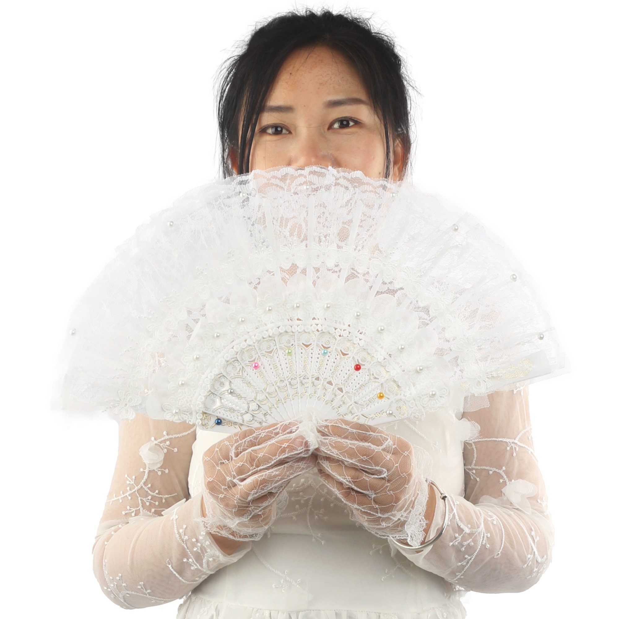 White Pearl Lace Bridal Hand Fan: Bejeweled Wedding Accessory - Etsy