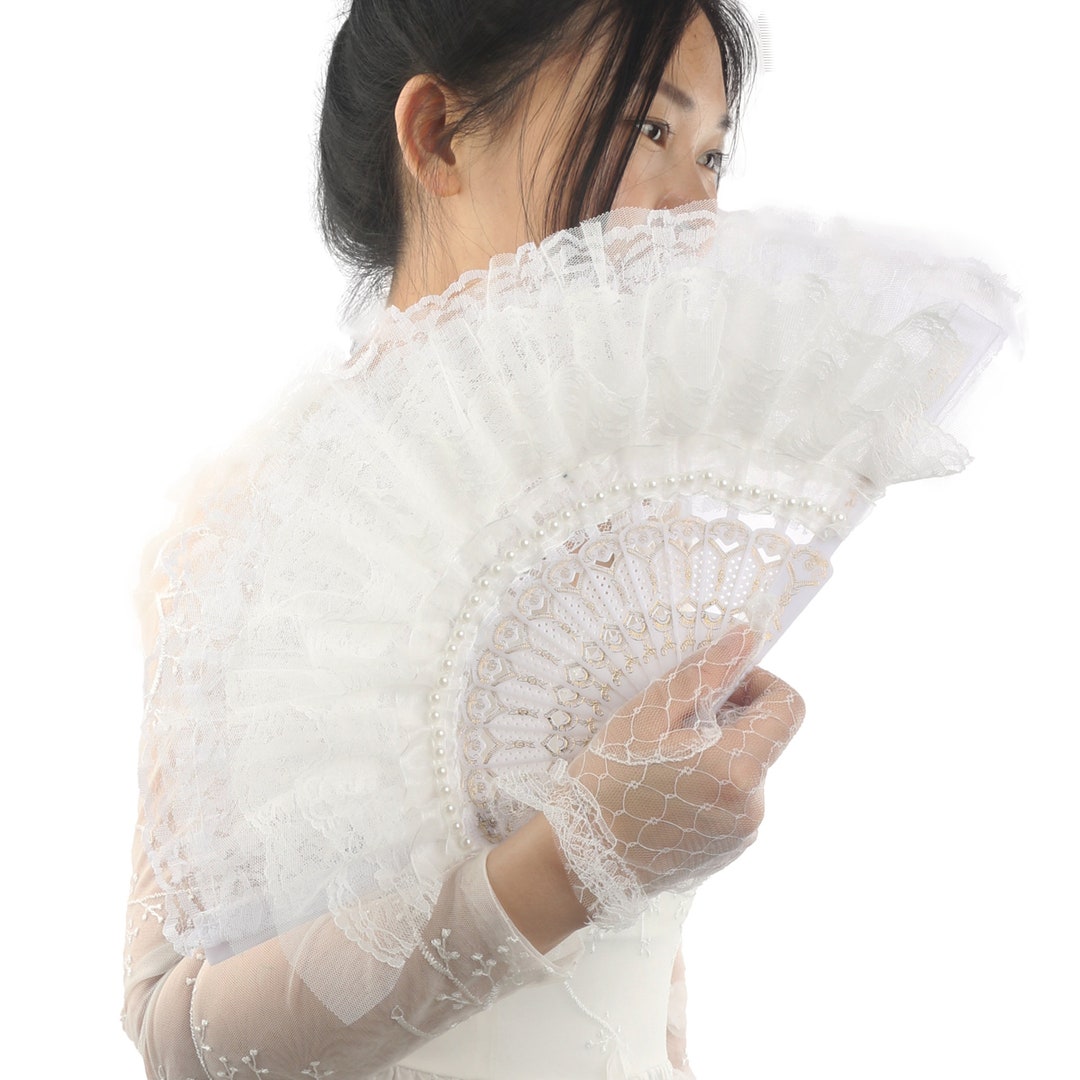 White Pearl Lace Bridal Hand Fan: Bejeweled Wedding Accessory - Etsy