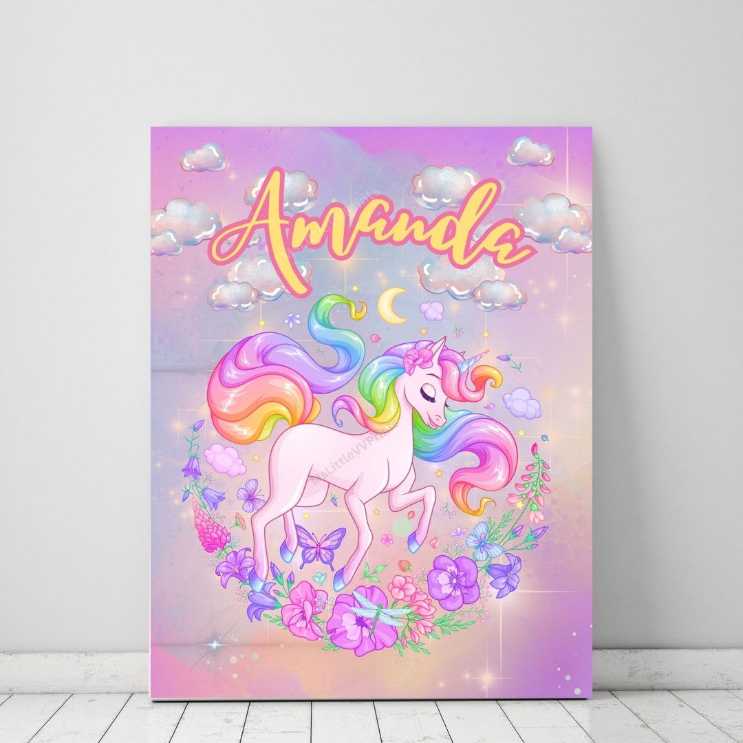 Personalized Digital Unicorn Name Poster White Unicorn Custom Name
