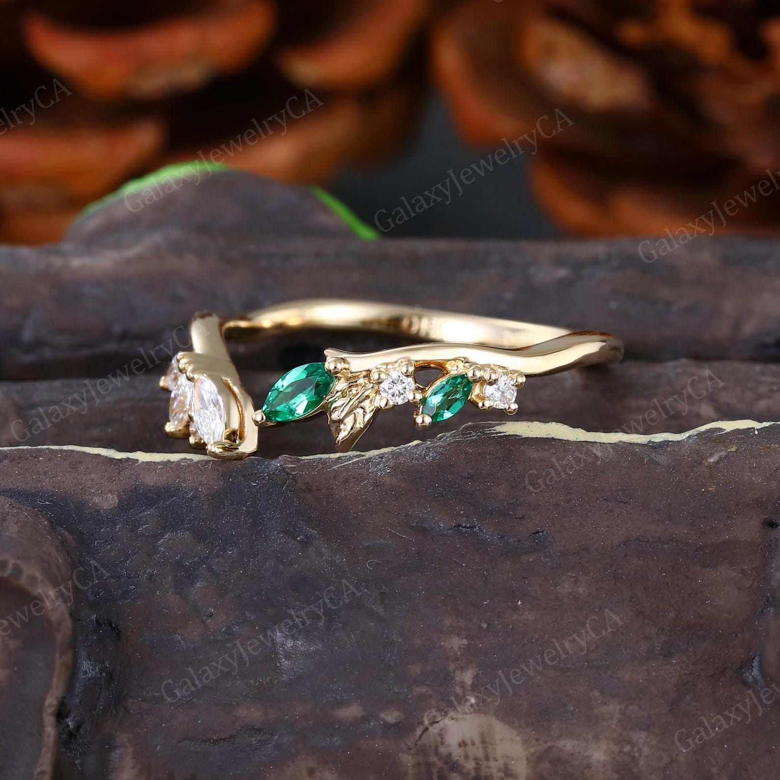Marquise Cut Lab Emerald Wedding Band Cluster Marquise Diamond Open ...