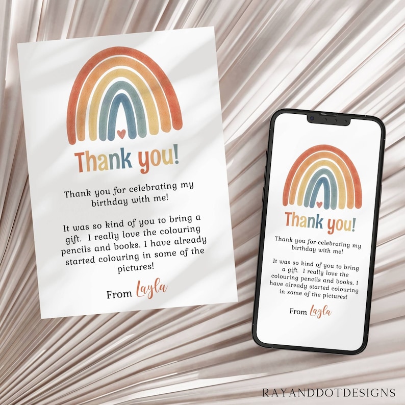 Editable Rainbow Birthday Thank You Card Instant Download Printable ...