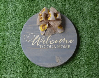 Front Door Decor Welcome Sign Wood Round Door Hanger Personalized Wood ...