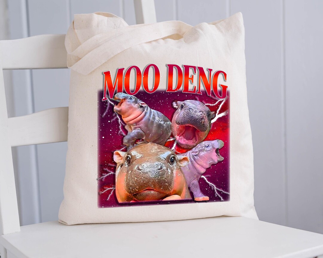 Cute Moo Deng With the Moon, Baby Hippo Moo Deng Tote Bag, Bouncy Pig ...