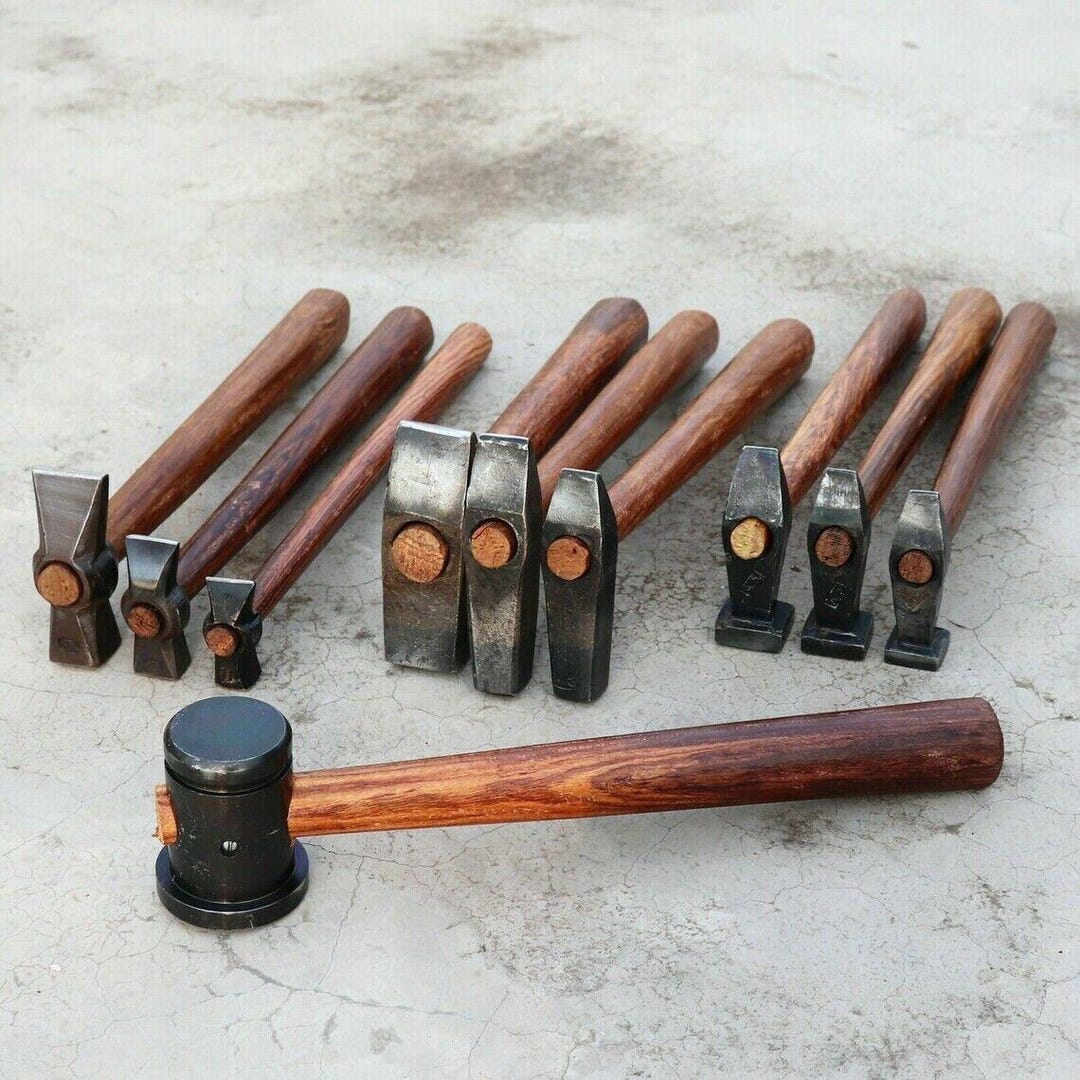 Set of 10 Black Iron Hammer Blacksmith Wooden Handle Heavy Duty Forging ...