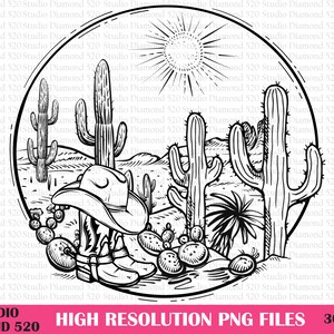 Western Desert Cactus Cowboy Boots Hats Png, Lineart Country Landscape ...