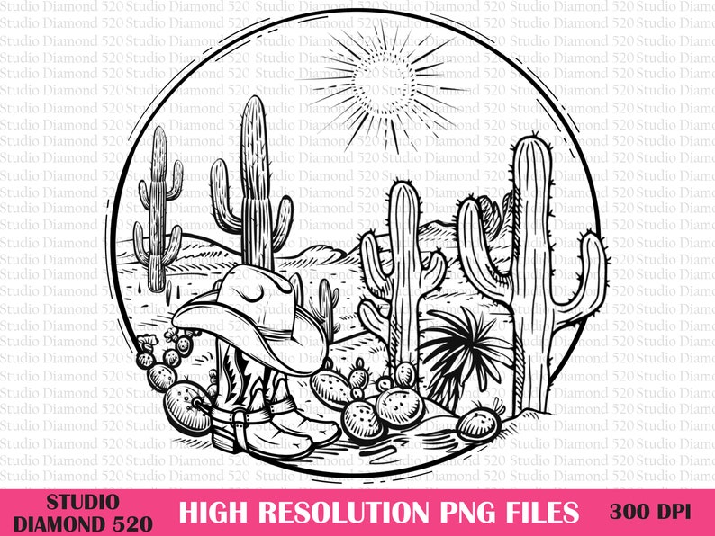 Western Desert Cactus Cowboy Boots Hats Png, Lineart Country Landscape ...