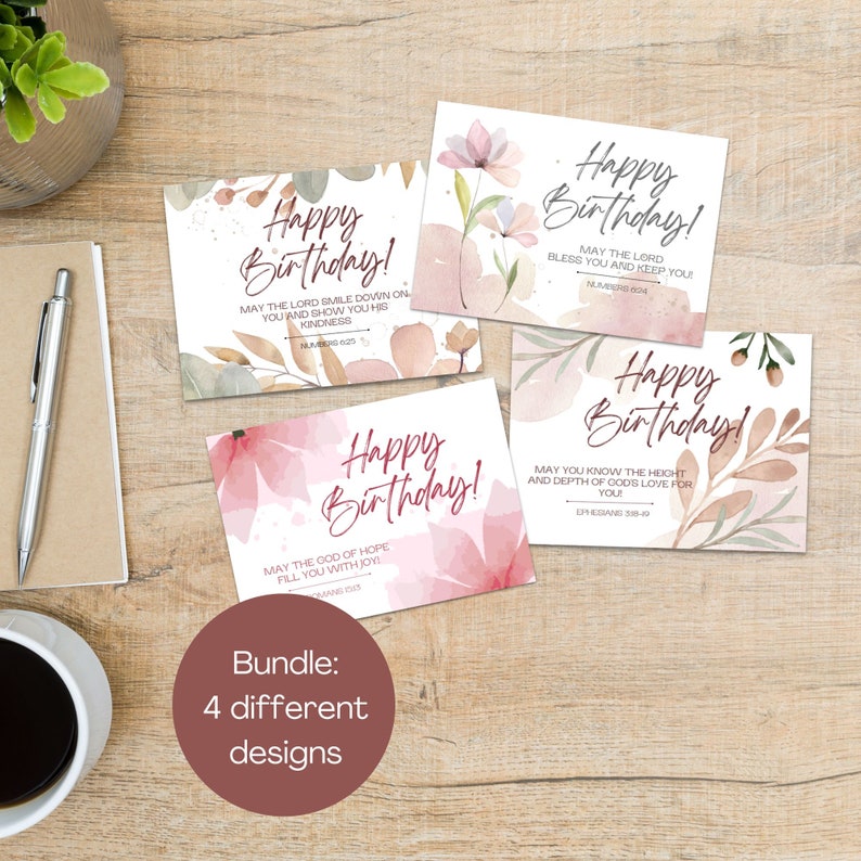 Set of 4 Printable Scripture Birthday Cards, Set of 4 Greeting Cards ...