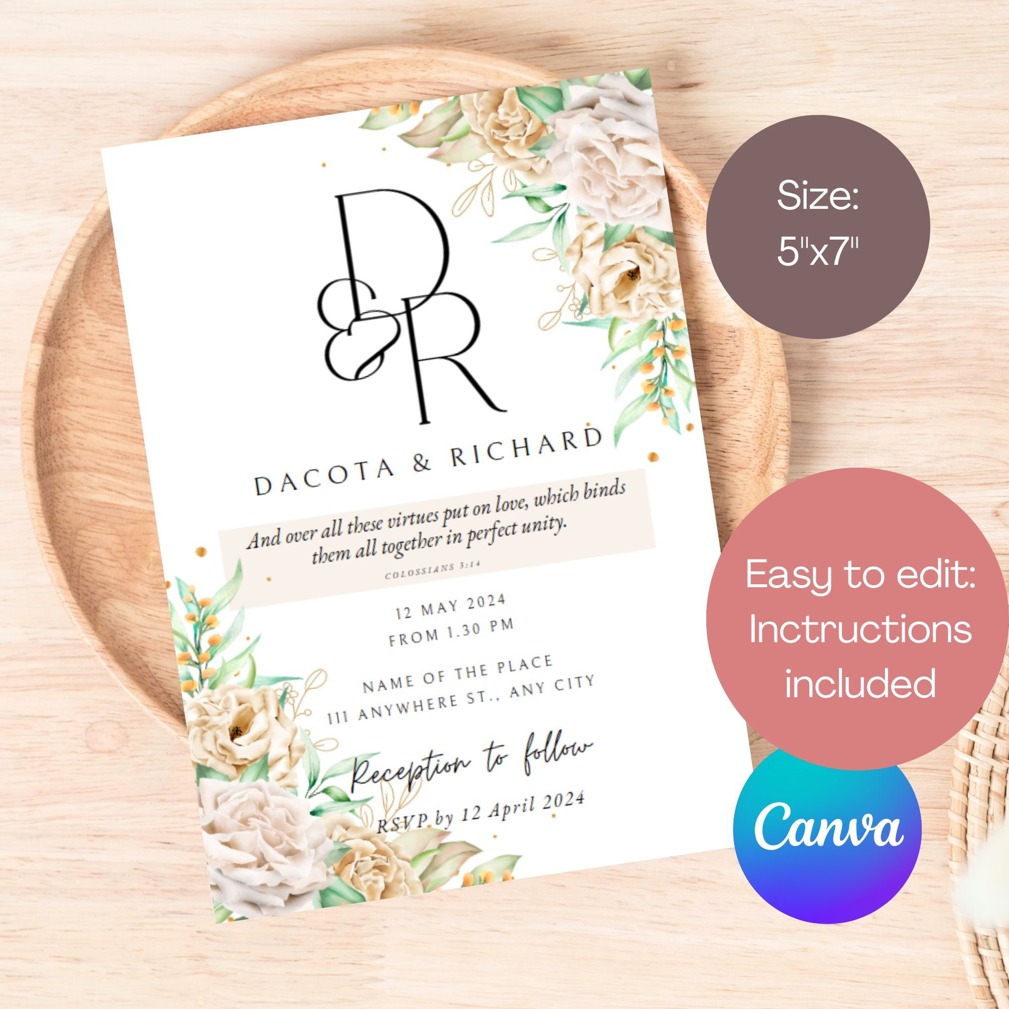 Editable Christian Wedding Invitation Template, Printable Bible Verse Wedding Invitation Card ...