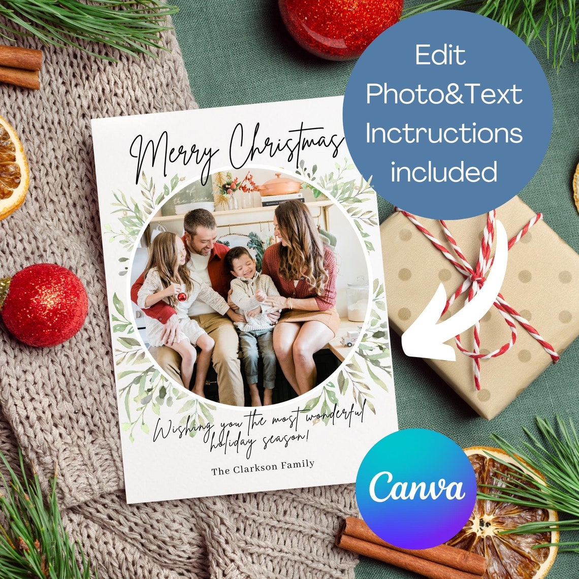Photo Christmas Card Template: Editable Holiday Card (instant Download ...