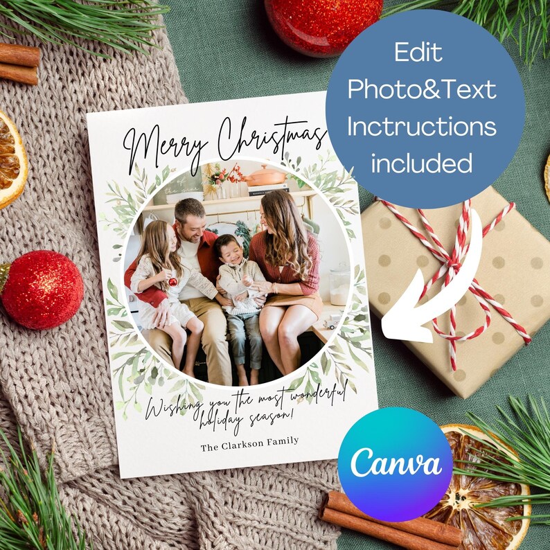 Photo Christmas Card Template: Editable Holiday Card (instant Download ...