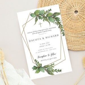 Editable Christian Wedding Invitation Template: Bible Verse, Greenery ...