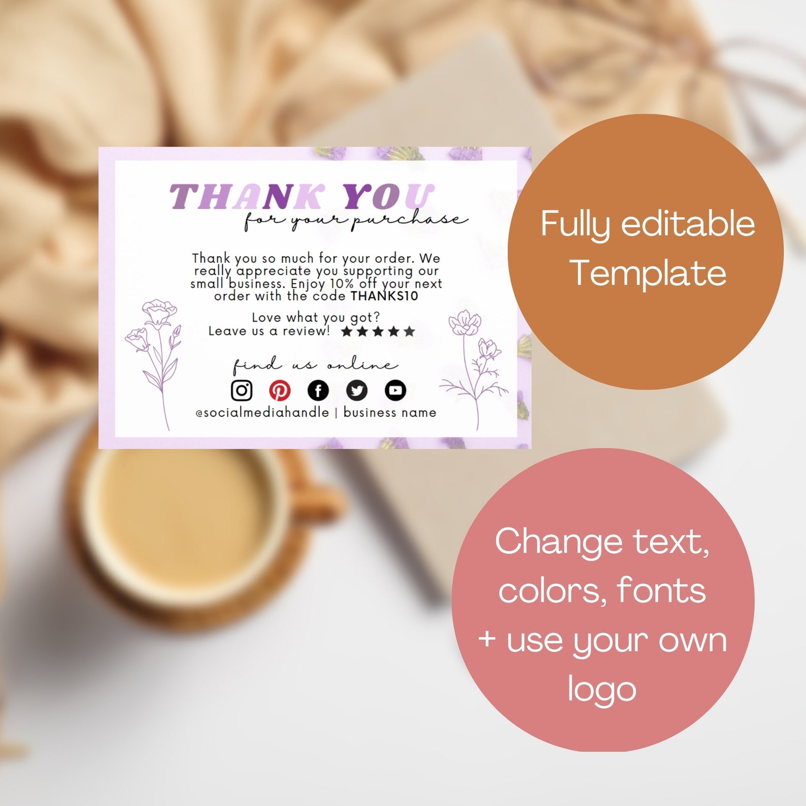 Printable Purple Thank You Business Cards, Canva Template, Small ...